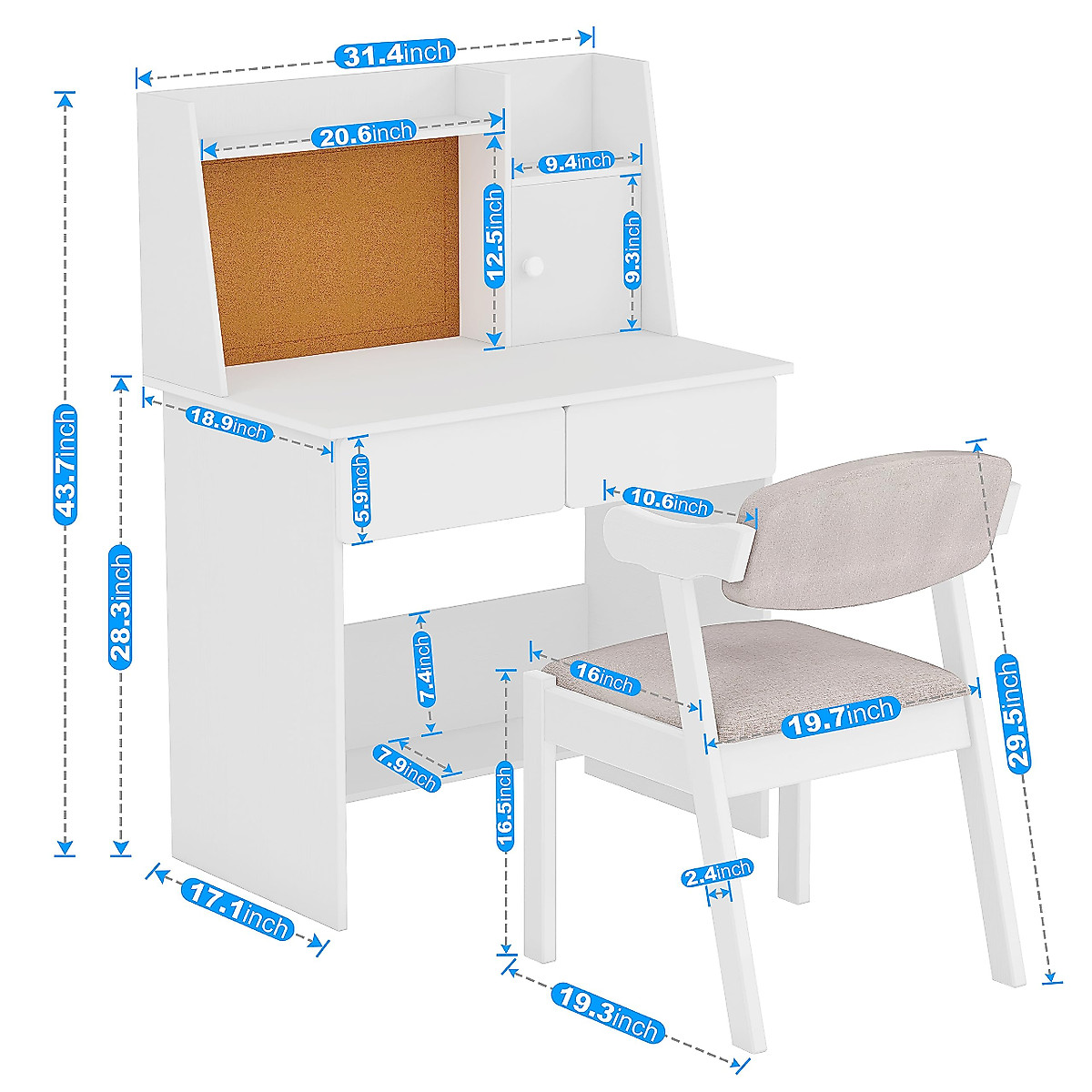 Vhger White Kids Desk and Chair Set, Childrens Computer Desk with Drawers and Storage Shelf, Kids Study Desk and Chair Set for 3-12 Years Old Kids