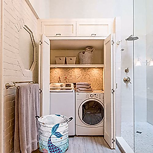 Oxford Fabric Storage Bin Ocean Mermaid Shell Starfish Wooden Krisyeol Waterproof Collapsible Laundry Basket Dirty Clothes Hamper with Handles Storage Baskets Organizer 17x16.5