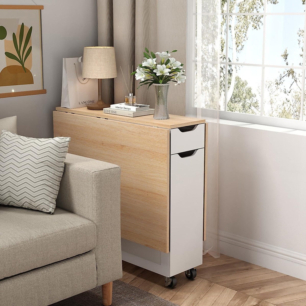 Folding Dining Table, Dinner Table with Drawer and Storage and Shelves, Space Saving Dining Table with 6 Wheels, Kitchen Table for Small Spaces (Light Brown)