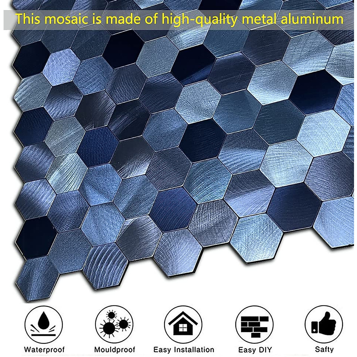 XUANINY 5-Metal Peel and Stick Backsplash Tiles, Aluminum Mosaic Sticker for Kitchen Wall Decor Hexagon Design Frosted 3D Wall Sticker(11.02"x11.5") (Dark Blue)