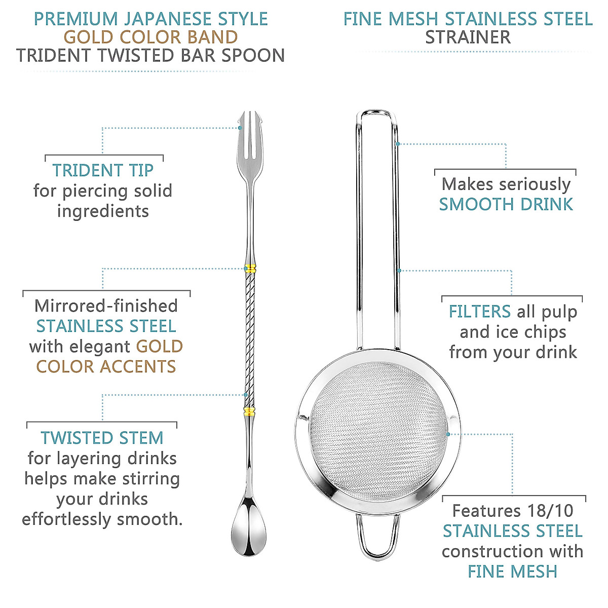 VinoBravo Cocktail Shaker Set for Home Bars and Professionals, Include Martini Shaker 17oz, Double Jigger, Mixing Spoon and Fine Mesh Strainer - Premium 18/8 Stainless Steel