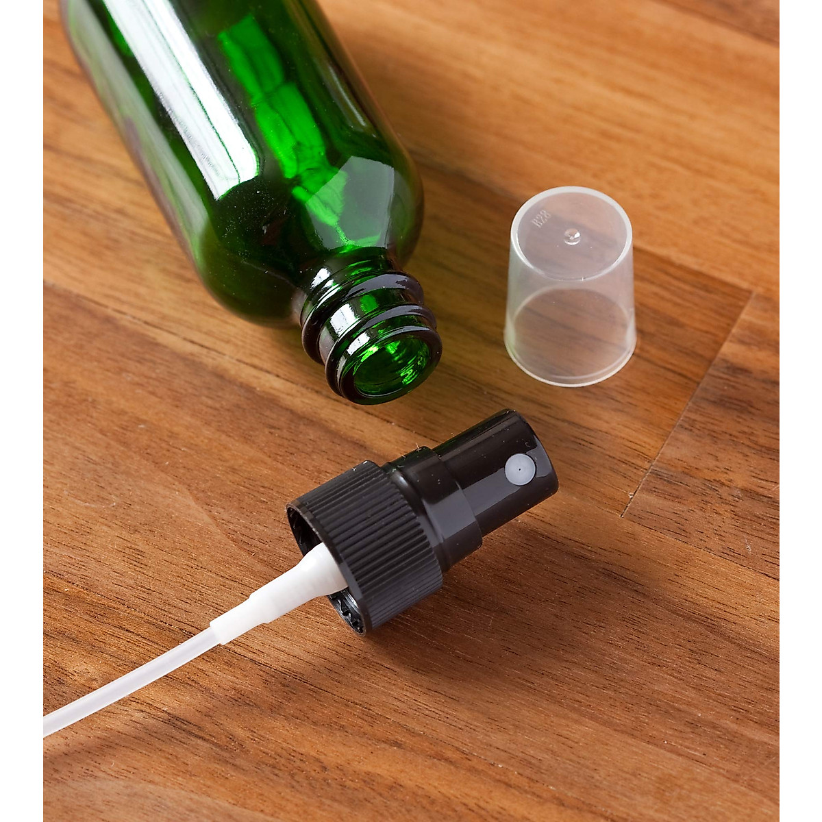 JUVITUS (24 Pack) 2 oz Green Glass Boston Round Bottle with Black Fine Mist Spray + Funnel