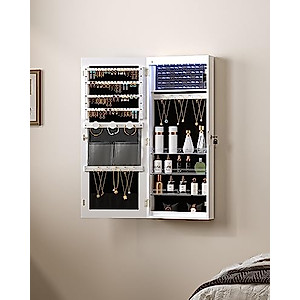 Hzuaneri 8 LEDs Mirror Jewelry Cabinet, 35.4-inch Jewelry Armoire Organizer, Wall/Door Mount Lockable Storage Cabinet with 4 Earrings Shelves, 2 Makeup Pockets, White and Black JC9003B