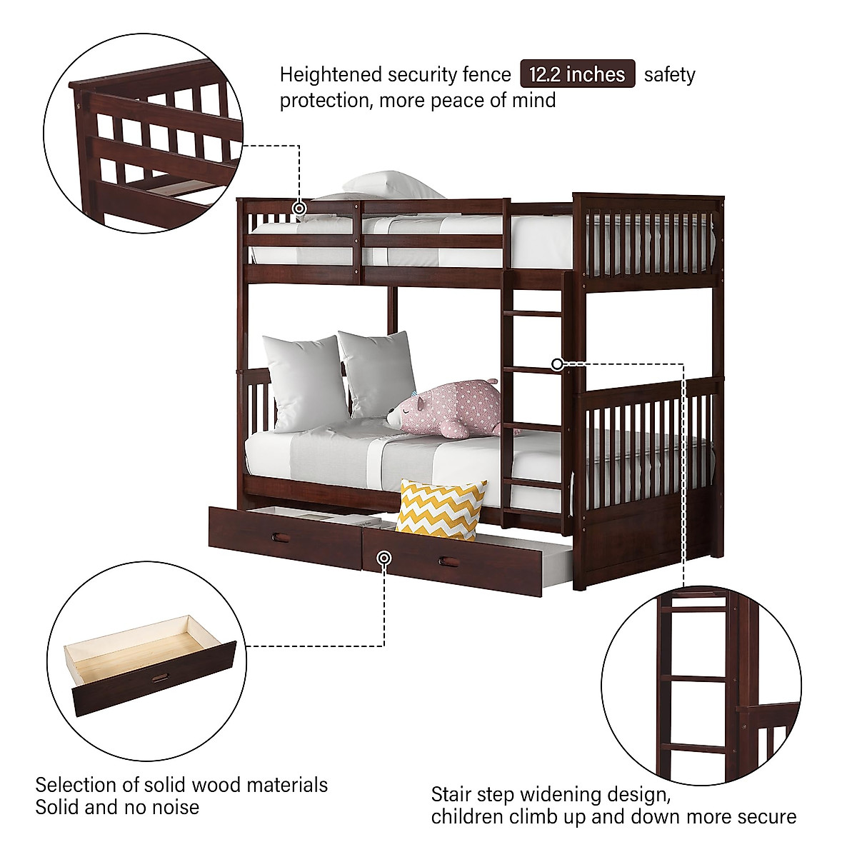 Merax Wood Bunk Bed with Drawers,Convertible Wood Bunk Bed with Ladders and Two Storage Drawers,Solid Wood Detachable Bunk Bed Frame with Ladders,Twin Over Twin Size,Espresso