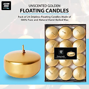 Axiom - Pack of 24 Floating Candles, 4 Hours Burning Time - Dripless Floating Candles for Valentine's Day - 100% Pure and Natural Hand-Rolled Wax Candles for Parties - Metallic Golden (Unscented)