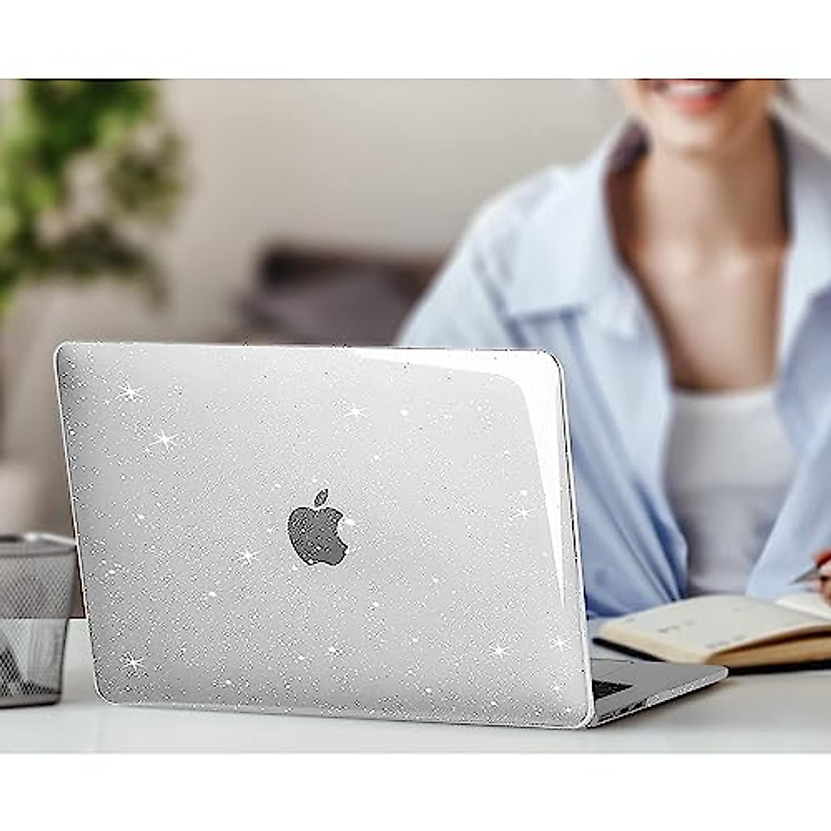 MOSISO PU Leather Laptop Sleeve&Compatible with MacBook Air 15 inch Case 2023 A2941, Sparkly Glitter Hard Shell&Keyboard Cover&Screen Protector&Webcam Cover&Type C Adapter 2 Pack,Transparent&Rose Gold