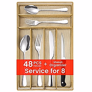 48 pieces Silverware with orgainzer, KITWARE Flatware Service for 8, Stainless Steel Utensil with metal tray, Home & Kitchen Mirror Polish Cutlery, Dishwasher Safe