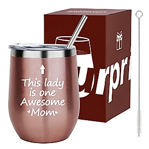 This Lady Is One Awesome Mom Wine Tumbler Awesome Mom Tumbler Birthday Mothers Day Christmas Gifts for Mom from Daughter Son Mom Wine Tumbler Mom Gifts 12 Ounce with Lid Straw and Gift Box Rose Gold