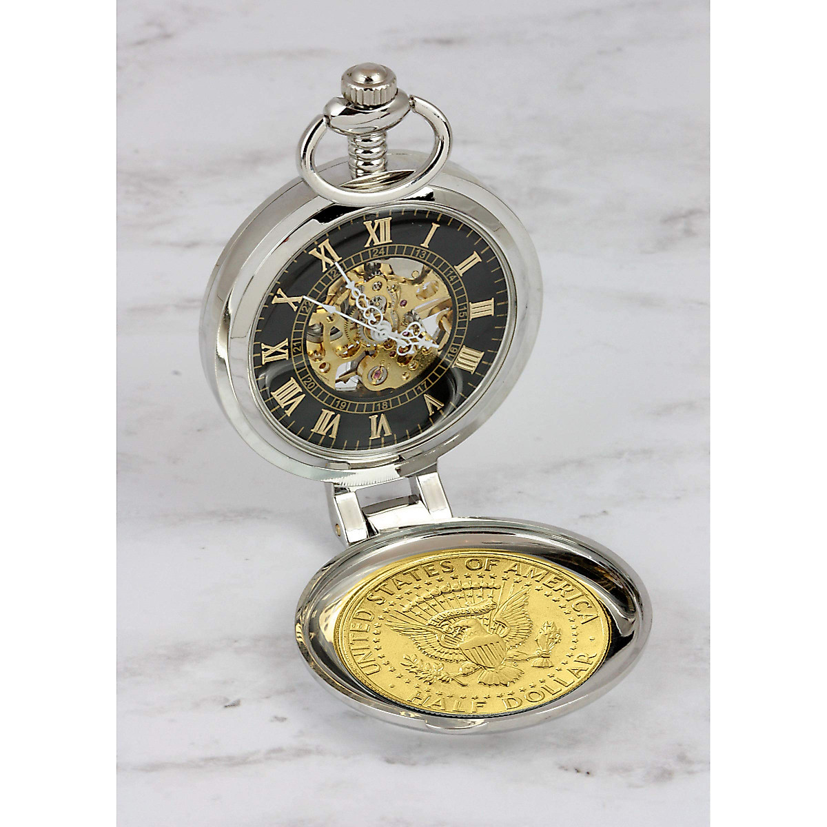 Coin Pocket Watch with Skeleton Quartz Movement | Gold Layered JFK Half Dollar | Genuine U.S. Coin | Sweeping Second Hand, Roman Numerals | Silvertone Case | Certificate of Authenticity