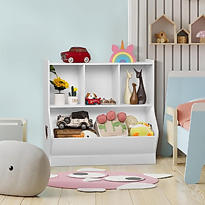 Lerliuo Kids Storage Organizer, Children Small Bookcase and Bookshelf, Toddler 4 Cubby Cabinet, Wood Book Shelf for Playroom, Bedroom, Living Room, Nursery, School (White)