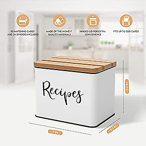 Deppon Recipe Box with Cards and Dividers, White Metal Vintage Farmhouse Design Recipe Organization Box, 4 x 6 Recipe Cards and Box Set with Grooved lid