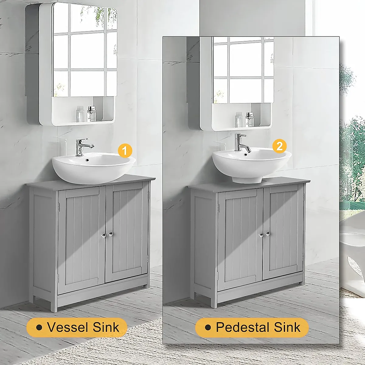 VINGLI Under Sink Bathroom Cabinet Pedestal Sink Free Standing Storage Cabinet Organizer with with 2 Doors Adjustable Shelf Modern Grey Small Bath Sink Cabinet Space Saver 23.6" x 11.8"x 23.6"