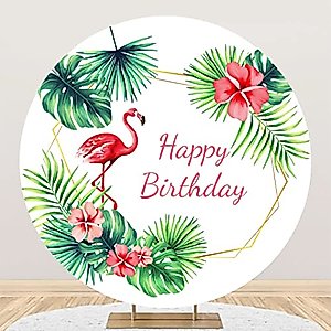 AWERT Polyester Diameter 5ft Flamingo Birthday Round Backdrop Summer Tropical Hawaiian Floral Plam Flower Photography Background Boy Girl Party Baby Shower Decorations Photo Booth Props
