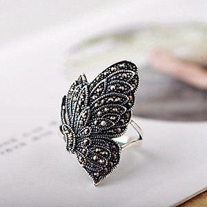Retro 925 Sterling Silver Butterfly Ring with Marcasite Stones for Women Size 9