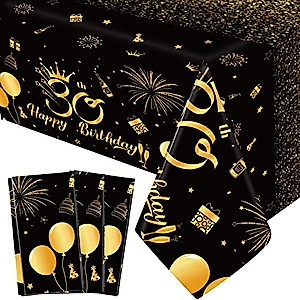 3 Pack 30th Happy Birthday Tablecloth Disposable Plastic 30th Birthday Table Cover Rectangular Black and Gold Table Cloths for Parties Decoration Supply for Men Women Birthday, 54 x 108 Inch(30th)