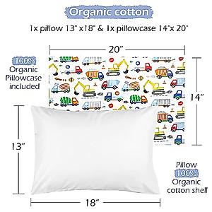 Baby Toddler Pillow with Pillowcase - 13x18 Organic Cotton Truck Pillows for Sleeping, Kids Pillow, Travel Pillows for Sleeping Nap, Mini Pillow, Toddler Bed Cot Pillows for Boy Girl 3-5 Years Old