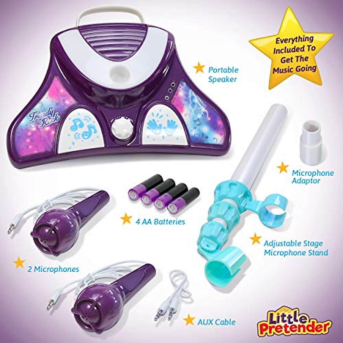 Little Pretender Kids Karaoke Machine with 2 Microphones & Adjustable Stand, Music Sing Along with Flashing Stage Lights and Pedals for Fun Musical Effects