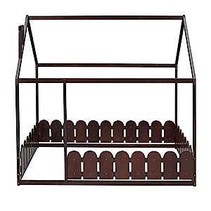 BIADNBZ Full Size House Floor Bed with Roof, Wooden Montessori Bedframe with Fence, for Kids Teens Bedroom, Slats are not Included, Espresso