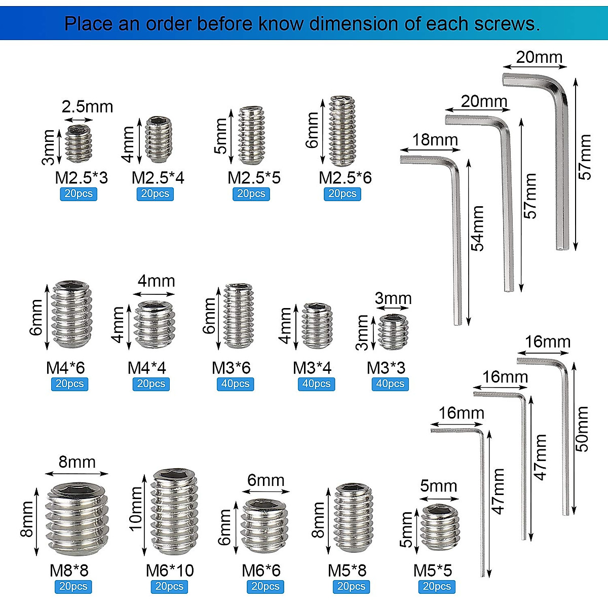HanTof 340Pcs M2.5, M3, M4, M5, M6, M8 Metric Hex Socket Head Cup Point Set Screws, Allen Head Grub Screw, Internal Hex Drive Headless Set Screw Assortment Kit with 6 Hex Wrenches, 304 Stainless Steel