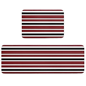 Libaoge Kitchen Mat Rug Set of 2 Red Black White Stripe Runner Rug Anti-Fatigue Comfort Memory Foam Standing Mat Non-Slip Floor Door Mat for Bathroom 23.6x35.4in+23.6x70.9in