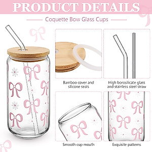 Coquette Bow Aesthetic Cup with Clear Gift Bag, Glass Cups with Lids and Straws, 16 oz Iced Coffee Smoothie, Beer Glass Cup Tumbler Trendy Glass Cup for Girls Bestfriend Sister Girlfriend (Pink Bow)