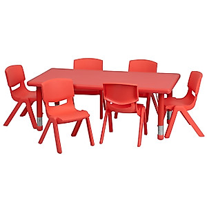 EMMA + OLIVER 24" W x 48" L Red Plastic Adjustable Activity Table Set-6 Chairs
