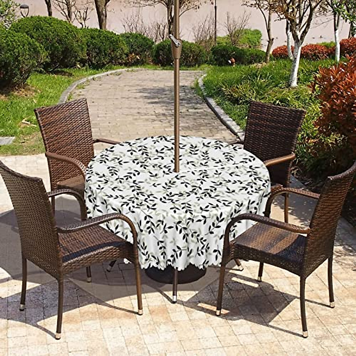 Lirduipu Botanical Pattern Round Outdoor Tablecloth,Outdoor Round Tablecloth with Umbrella Hole - Water Resistant Spillproof,for Party Patio Garden Tabletop Decor(52" Round,White Pale Khaki)