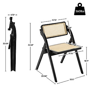 Bekrvio Folding Chair Solid Wood Rattan Chairs Set of 2, Mid-Century Modern Rattan Dining Chairs with Cane Back Handmade for Living Room Bedroom, Garden Balcony, Office, No Assembly Required (Black)