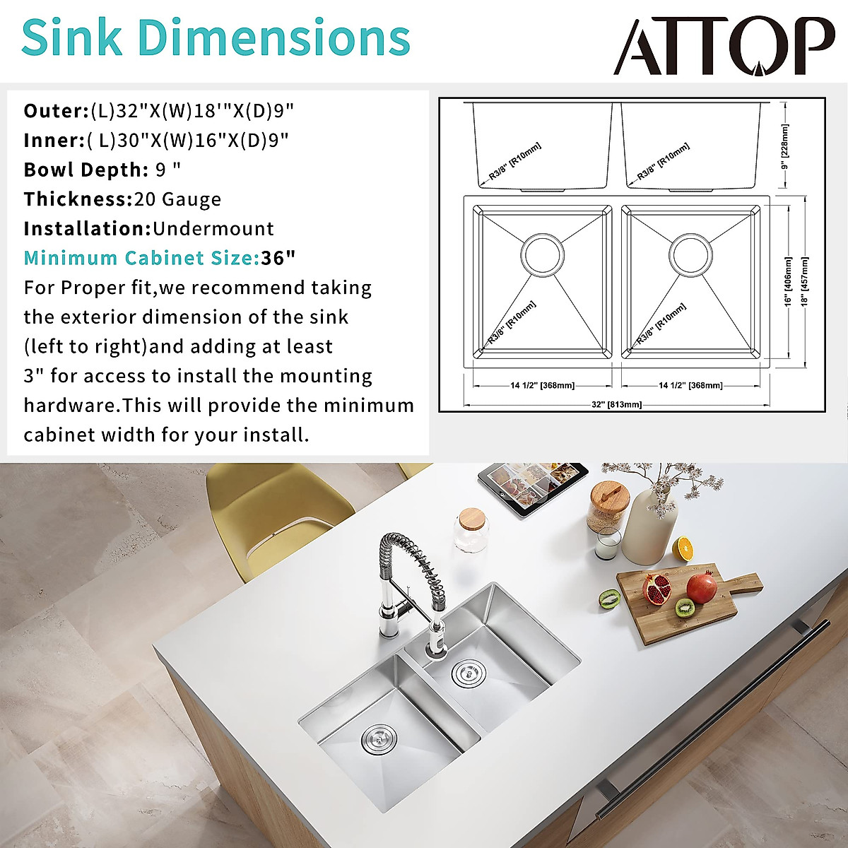 ATTOP Double Bowls Undermount Kitchen Sink,32 Inch Nano Coating Stainless Steel Kitchen Sink Undermount Double Bowls Sink