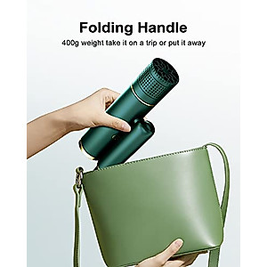 7MAGIC Fast-Drying Hair Dryer, Foldable, with Storage Bag for Travel, Lightweight Portable Hairdryer for Women & Men, Negative Ionic Hair Blow Dryer, 2 Heating/Cold/2 Speed Settings, Green
