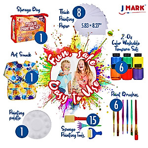 J MARK 38-Piece Toddler Paint Set, Includes Washable Tempera Paint, Art Smock, Painting Paper, Brushes, Tools