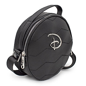 Disney Bag, Cross Body, Round, Signature D Logo, Silver Emblem, Chevron Zig Zag Stitch, Black, Vegan Leather