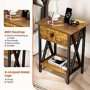 Nightstands Set of 2, Modern Bedside Tables End Table Set of 2 with Drawer and Storage Shelf, Side Tables X-Design Legs for Living Room Bedroom, Brown