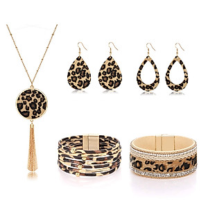 ZOLEAROPY Statement Leopard Jewelry Set For Women Multi Leopard Leather Wrap Bracelet Teardrop Leather Earrings Long Tassel Round Pendant Necklace Set