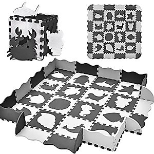 FUN LITTLE TOYS 36PCS Foam Play Mats for Baby, Soft Foldable Interlocking Foam Floor Tiles Puzzle Mat with Fence for Kids Toddlers Childrens Playpen Playroom Crawling 56 x 56 Grey