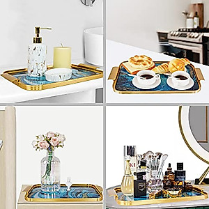 Dalimfun Glass Decorative Tray, Turqoise Marbling Serving Tray with Handles, Rectangular Coffee Table Tray, Decor Tray for Ottoman, Bar, Vanty, Makeup Perfume Organizer, 15.6 X 10 Inch