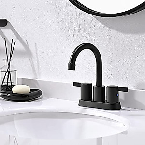 4 Inch 2 Handle Centerset Matte Black Lead-Free Modern Bathroom Faucet by Phiestina, 360 Swivel Spout 2-3 Hole RV Bathroom Vanity Sink Faucet with Pop Up Drain and Water Supply Lines，BF015-1-MB