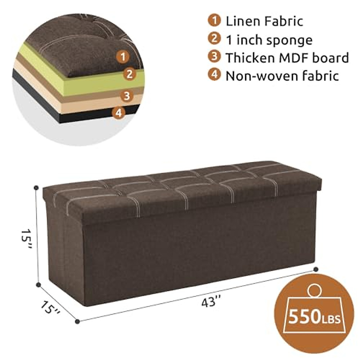 YOUDENOVA 43 Inches Folding Storage Ottoman Bench, Storage Chest Foot Rest Stool with Wooden Divider, Bed End Bench with 120L Large Storage Space, Linen Fabric Brown
