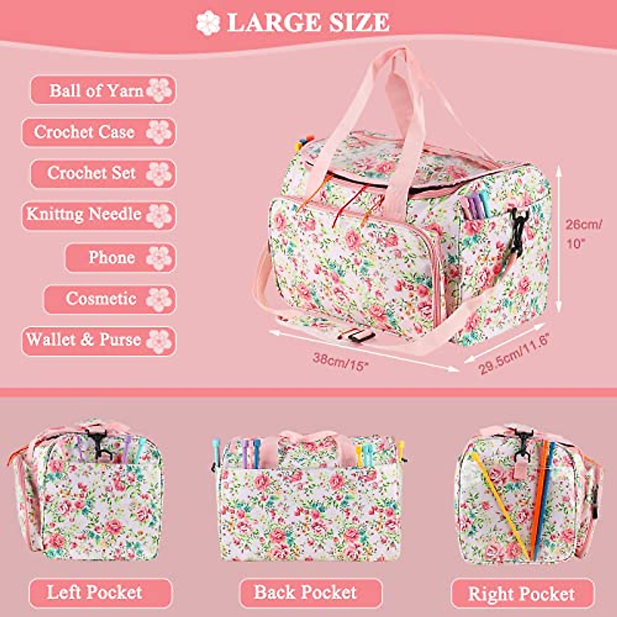 Coopay Yarn Storage Crochet Bag, Large Capacity Yarn Bag for Yarn and Knitting & Crochet Supplies, Knitting Bag with Detachable Shoulder Strap, Beautiful & Portable Knitting Tote Bag(Bag Only)
