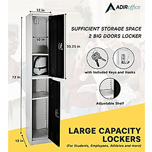 AdirOffice Large School Locker with 2 Doors 2 Hooks Storage Locker for Garage Storage - Office Storage Lockers (2 Door, Black)