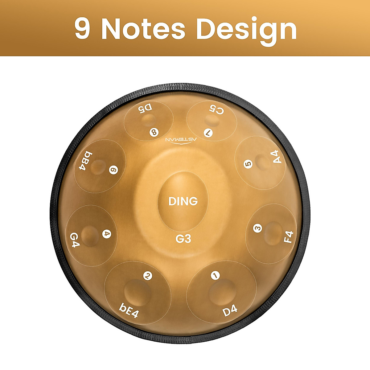 ASTEMAN Handpan, 18 inches, 9 notes, 432Hz, G minor, comes with handpan stand, handpan bag, two beaters, and dust cloth. (Mini, 432Hz)