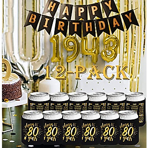 Henghere 80th Birthday Decorations for Men Women, 80th Birthday Party Supplies, Vintage - Eighty Birthday Party Beverage Can Cooler Sleeves, 12-Pack (Black & Gold)