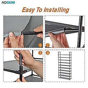 AOSION 10 Tier Shoe Rack,Shoe Rack for Closet 30-50 Pairs Tall Shoe Rack Organizer with Hooks Large Shoe Rack with Removable,Space Saving Shoe Shelf,Non-Woven Fabric Shoe Tower,Grey