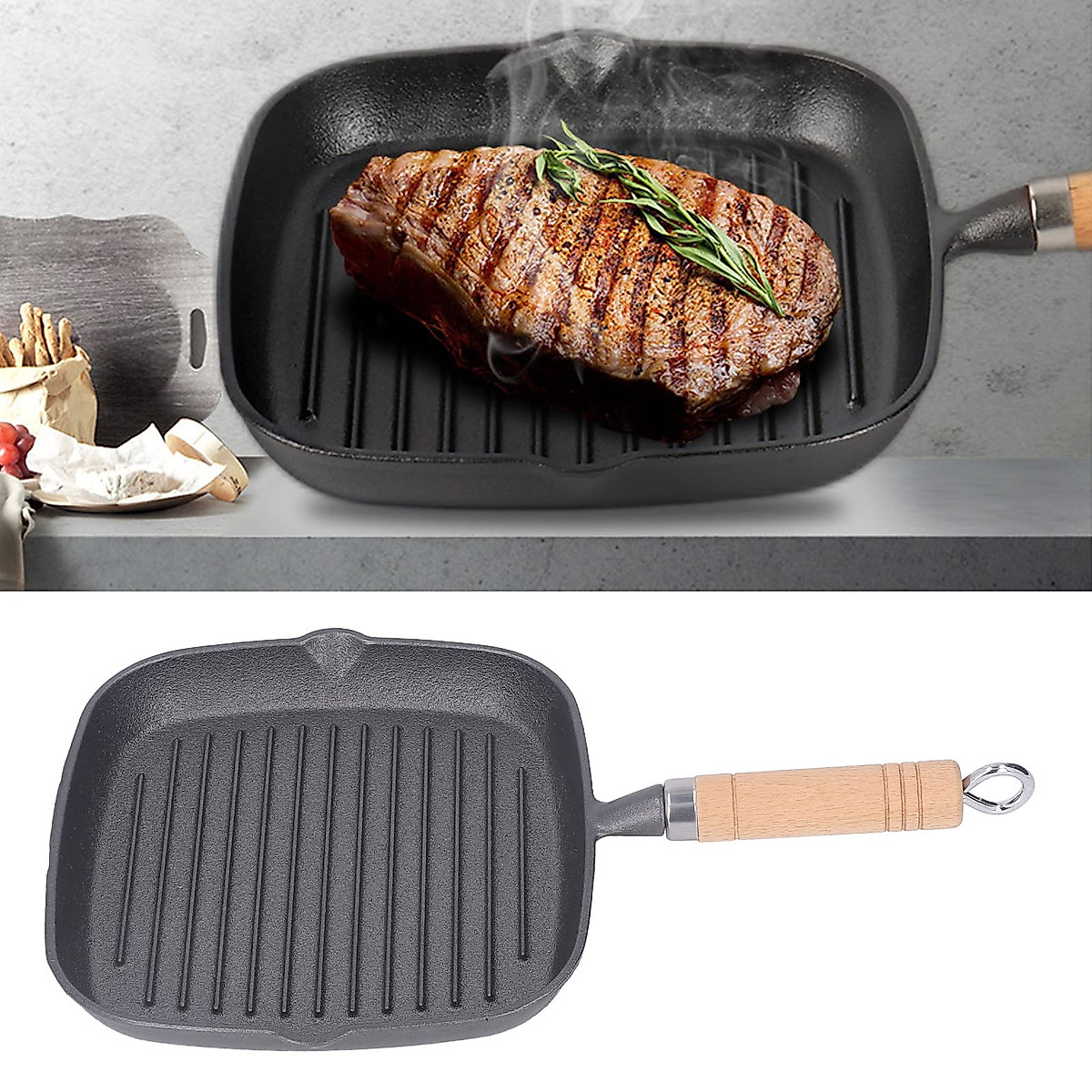 REUIQU Grill Pan, Square Cast Iron Grill Pan Steak Pan with Nonstick Surface, Sear Ridges and Wooden Handle, Multipurpose Prevents Stick Quadrate Steak Pan for Bacon Steak Onion