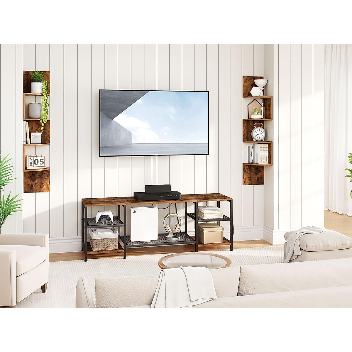 HOOBRO Corner Shelf Wall-Mounted, Set of 2 Floating Corner Shelves, 4-Tier Corner Bookshelves for Wall Decor in Living Room, Bedroom, Bathroom, Home Office, Rustic Brown BF25BJP201