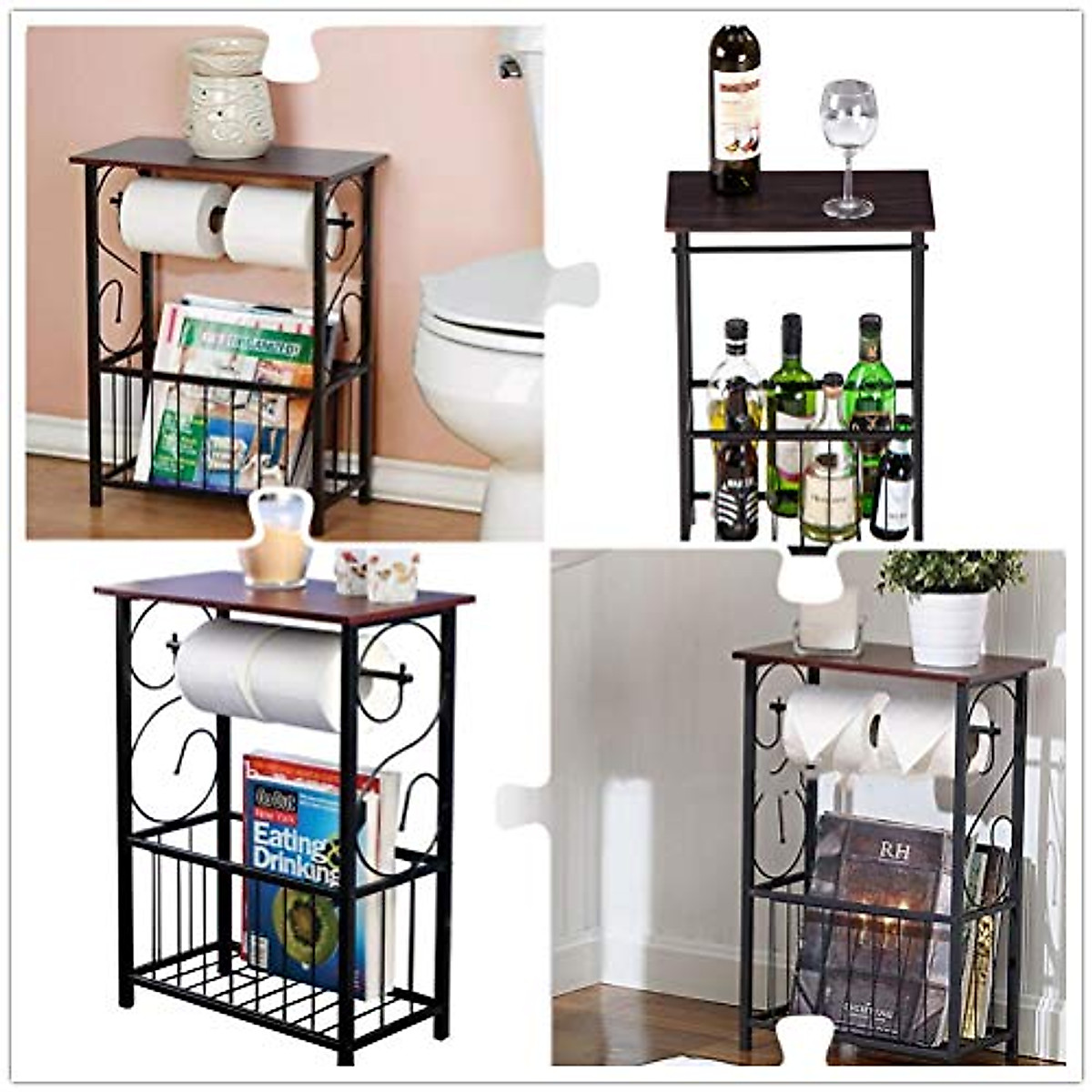 WEI WEI GLOBAL Toilet Paper Holder and Magazine Rack Side Table, Bathroom Storage Table Stand Shelf with Wooden Top and Metal Frame, Brown
