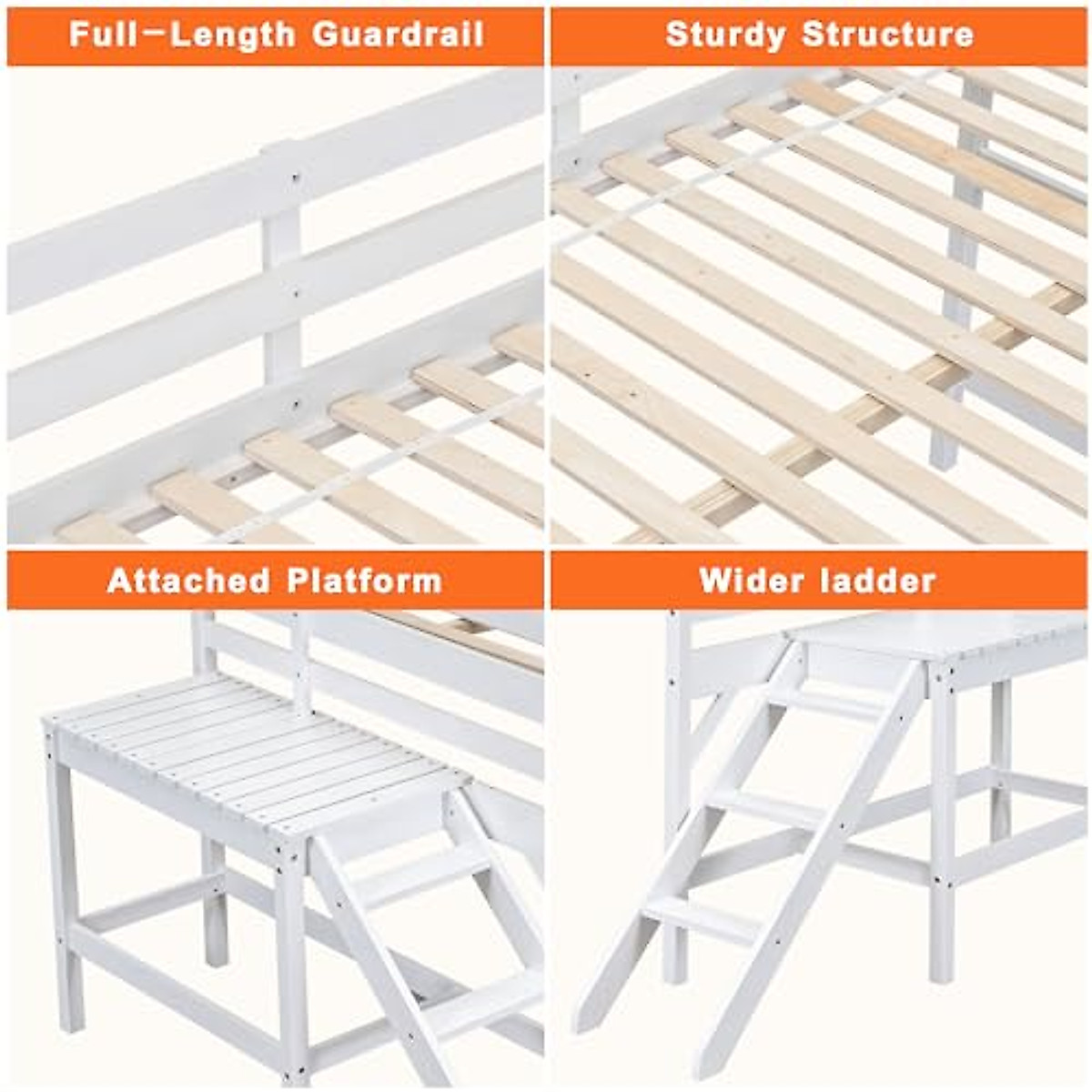 Dolonm Full Loft Bed with Platform, Wooden Low Height Loft Bed Frame with Ladder, Metal Loft Bed Frame for Kids Teens Adults, Full Size for Bedrooms, White