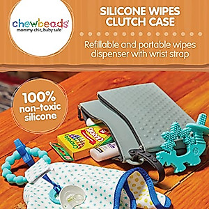 Chewbeads Silicone Wipes Clutch Case - 100% Silicone Baby Wipes Case - Refillable and Portable Wipes Dispenser with Wrist Strap - Bright Pink