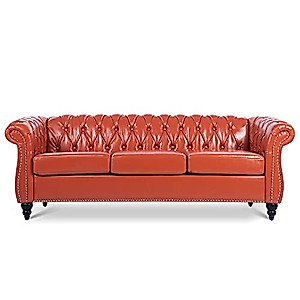 QHITTY Accent Large Sofa, Chesterfield Couch 3 Seater Modern Leather Couch Upholstered Sofa with Tufted Back for Living Room Furniture (Orange)
