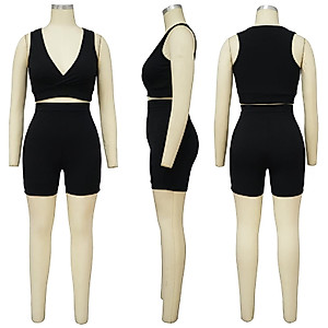 Womens Workout Set Ribbed Two Piece Outfits Athletic Gym Sport Yoga Sets Running Wrap Crop Tank Tops and Shorts Black XL